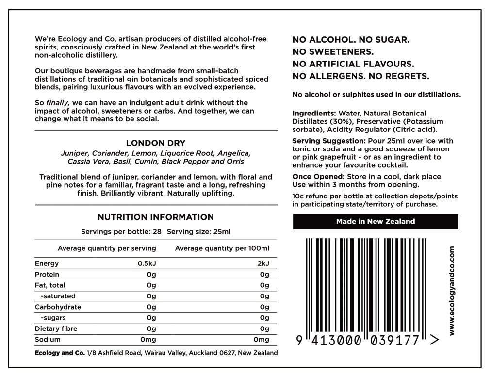 London Dry – Alcohol-Free Distilled Spirit – 700ml – Ecology and Co.